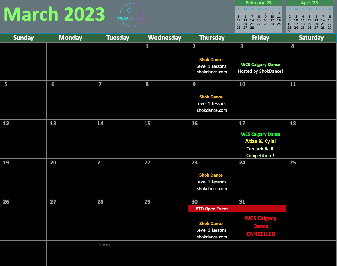 March & April Calendars | WCS Calgary