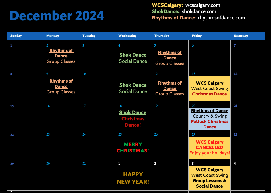 Dance Calendars! | WCS Calgary