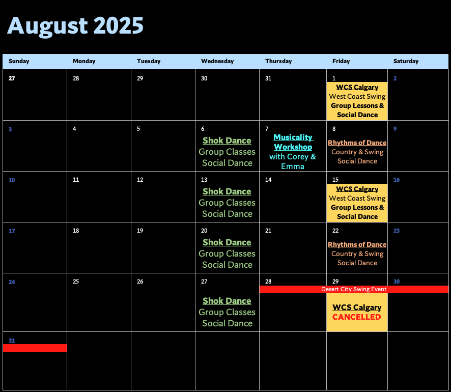 August WCS Dance Calendar!💃🕺🗓 | WCS Calgary